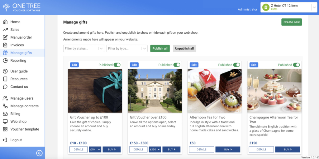 Gift Voucher – Administrator – Manage Gifts - One Tree Voucher Software